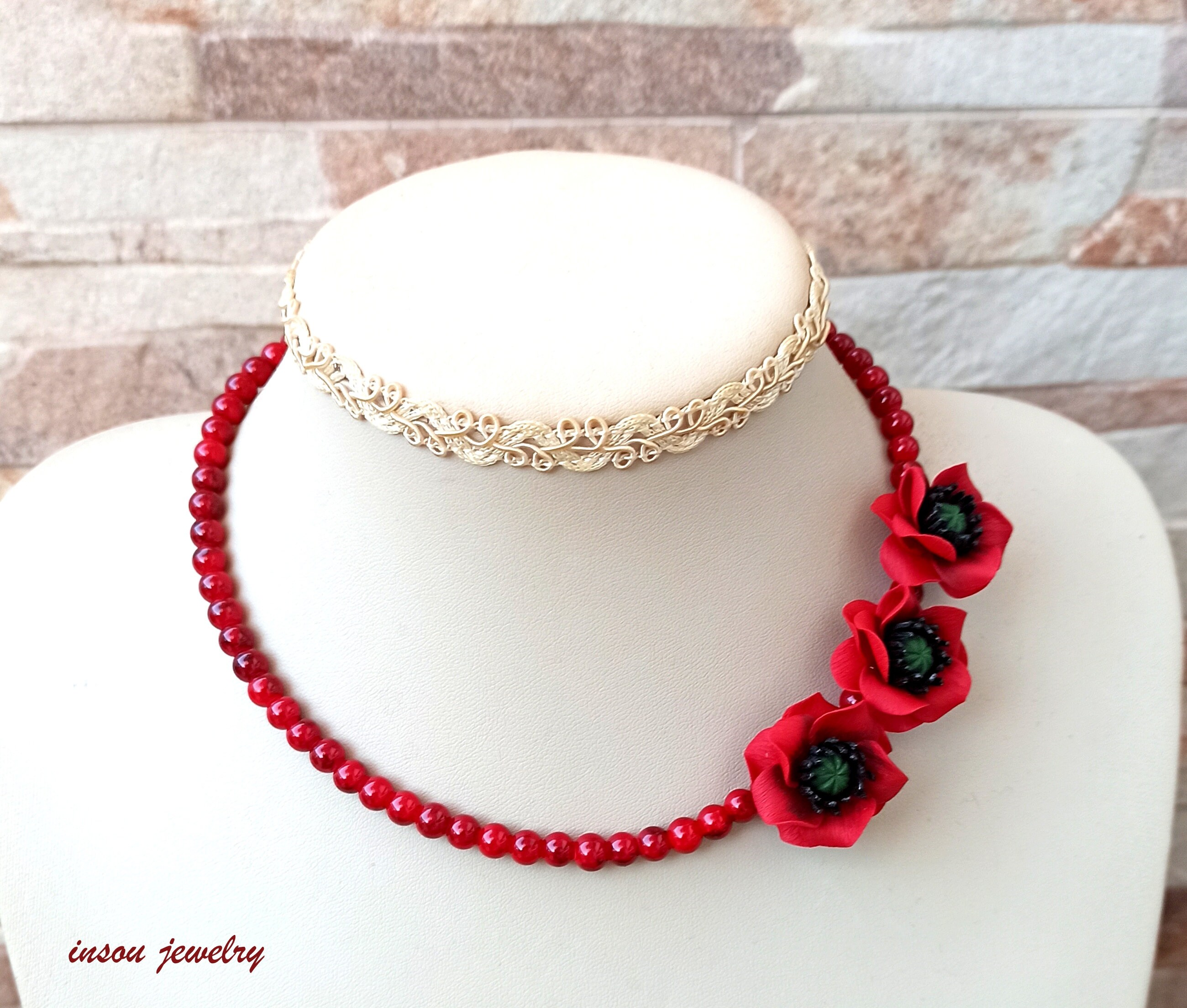 Red Poppy Red Black Poppy Necklace Flower Necklace Statement | Etsy