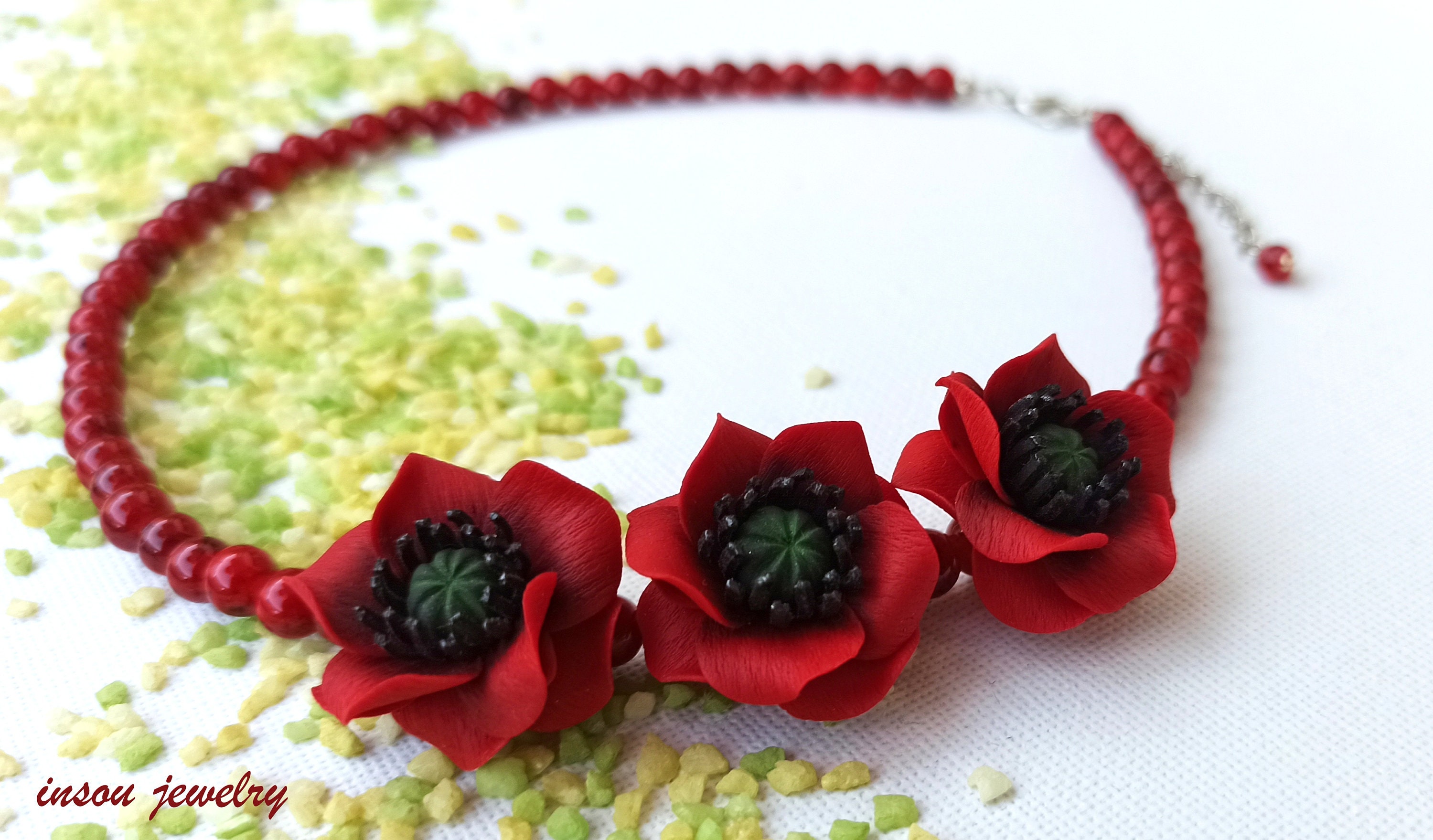 Red Poppy Red Black Poppy Necklace Flower Necklace Statement | Etsy