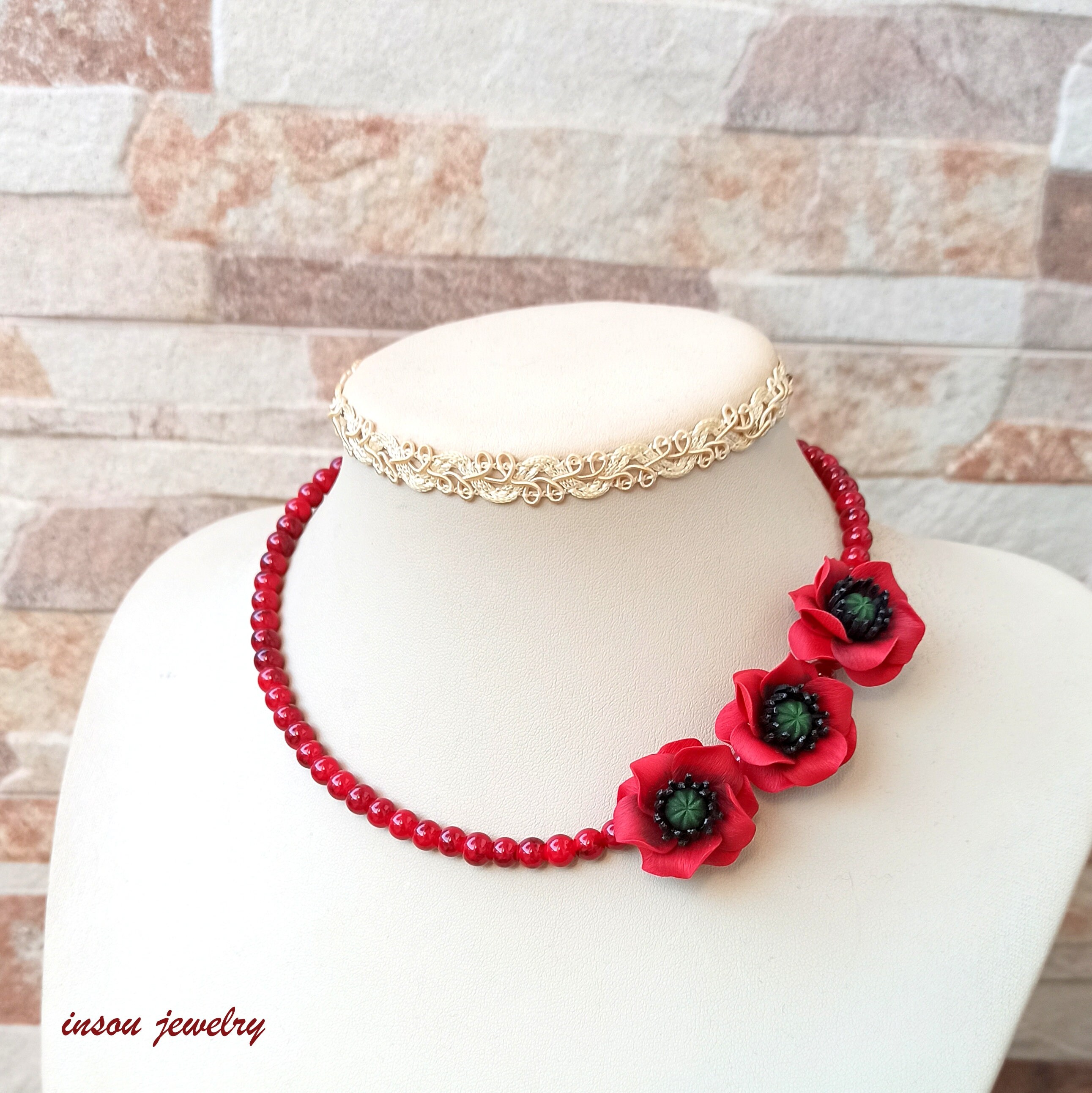 Red Poppy Red Black Poppy Necklace Flower Necklace Statement | Etsy