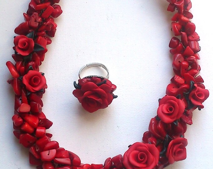 Coral Red Necklace and Ring Red Ring Red Necklace - Etsy
