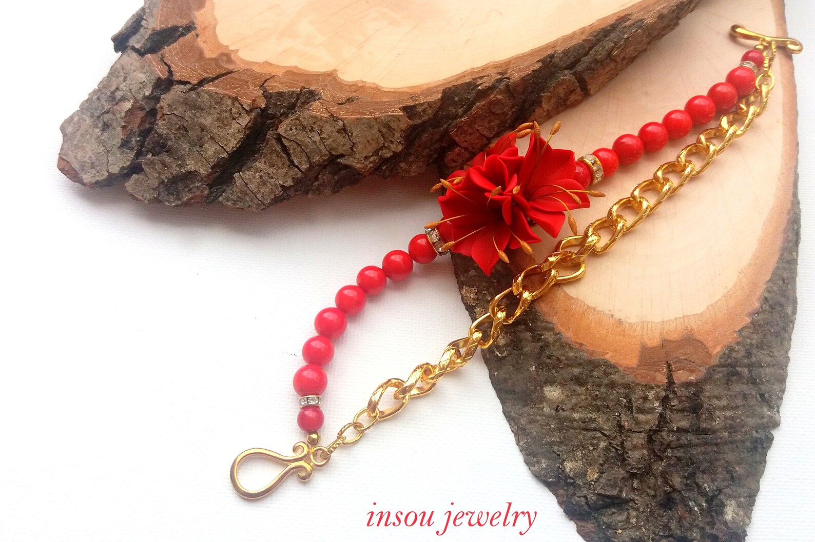 Red Bracelet Charm Bracelet Floral Bracelet Red Gold - Etsy