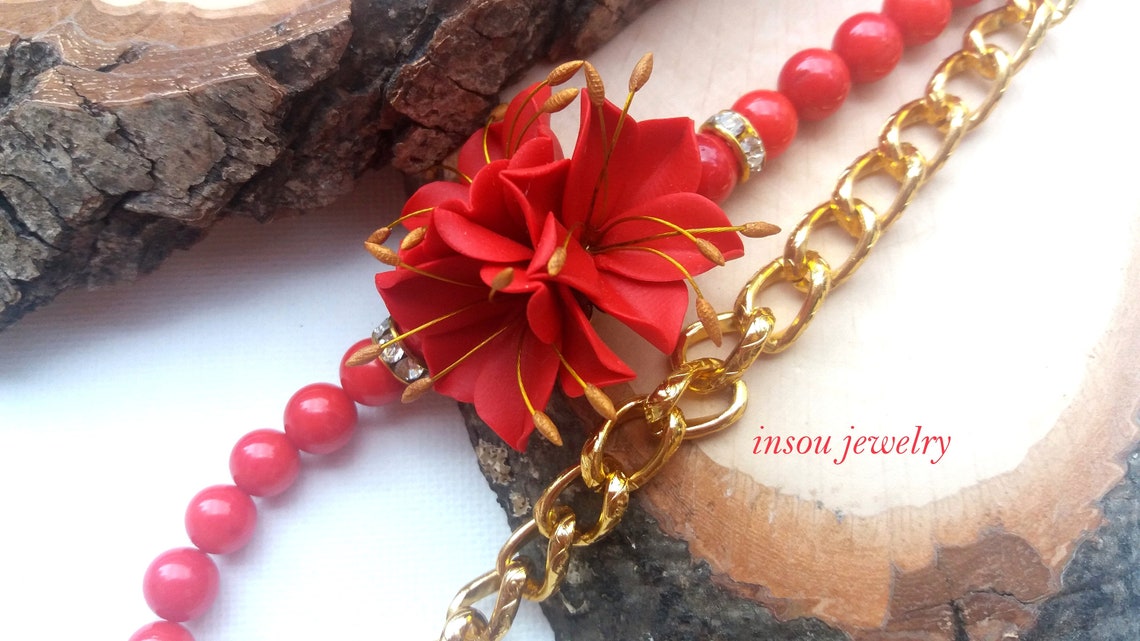 Red Bracelet Charm Bracelet Floral Bracelet Red Gold - Etsy