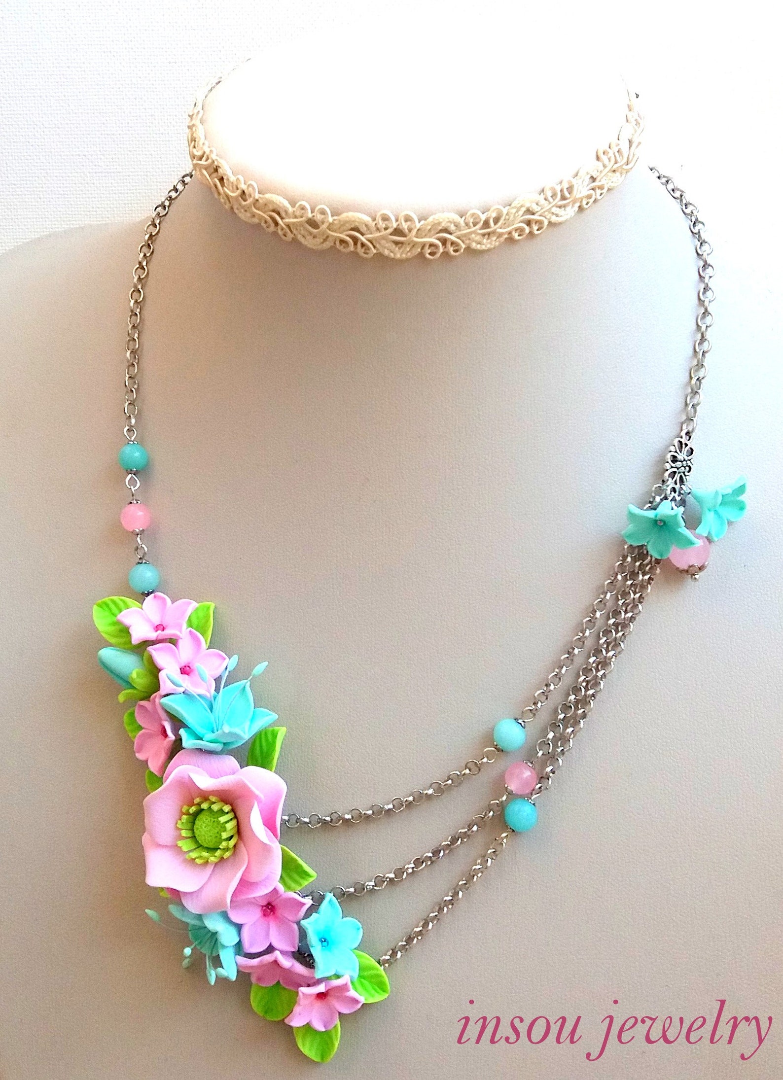 Pink Flower Necklace Pastel Necklace Pink Mint Gift for | Etsy