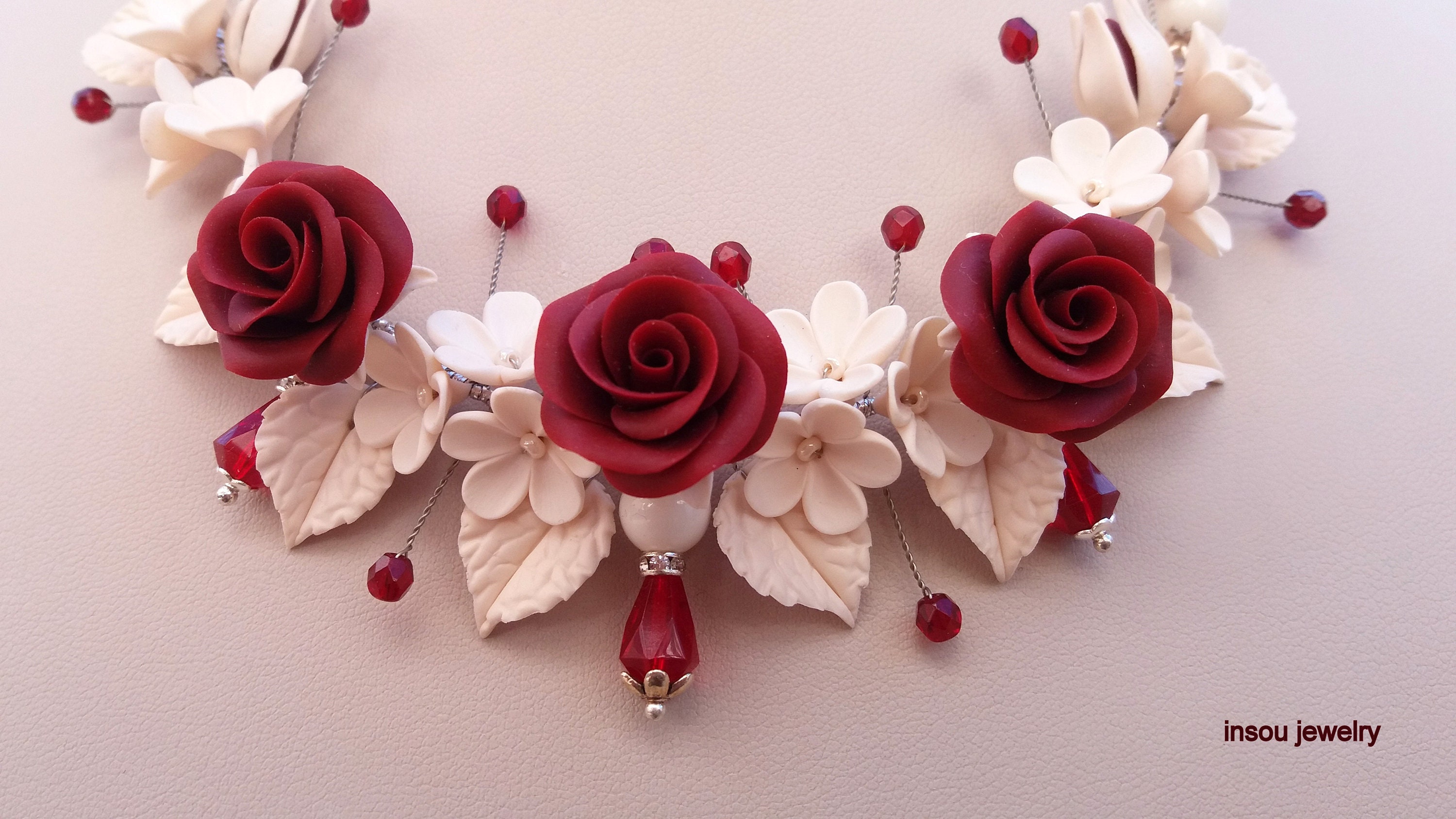 Roses Dark Red Necklace Flower Jewelry Dark Red Jewelry Roses | Etsy