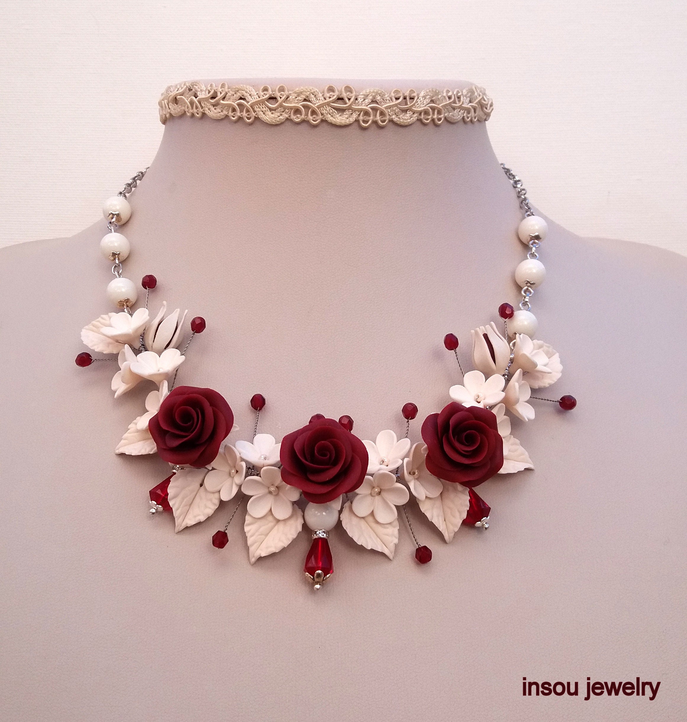 Roses Dark Red Necklace Flower Jewelry Dark Red Jewelry Roses | Etsy