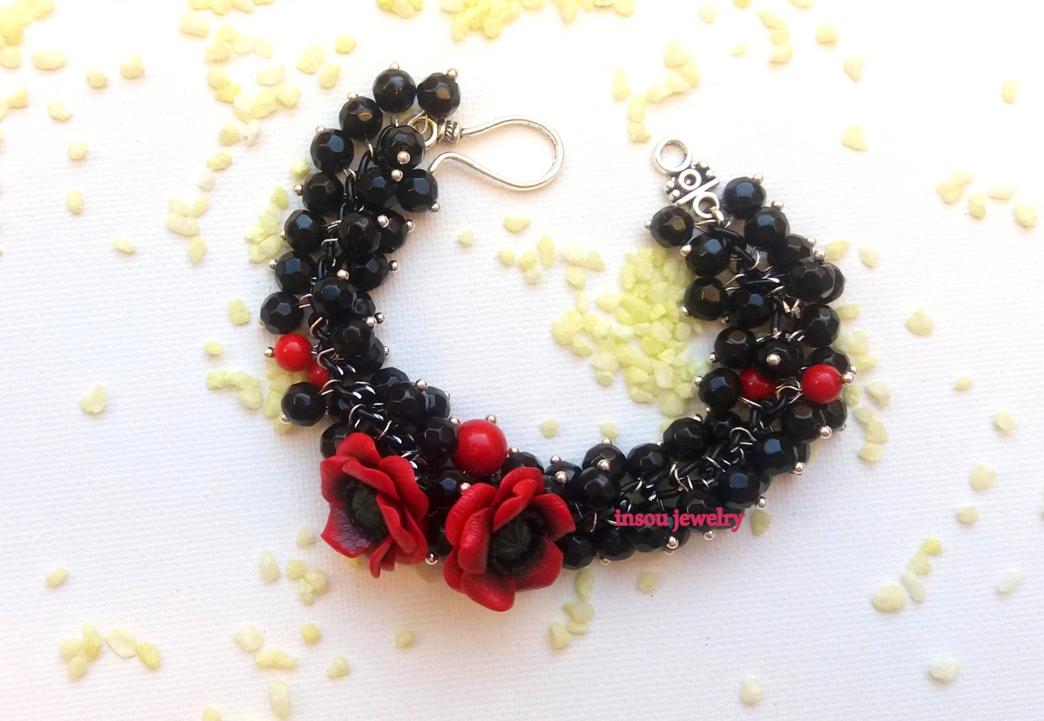 Flower Bracelet Poppy Bracelet Black Bracelet Flower Jewelry | Etsy