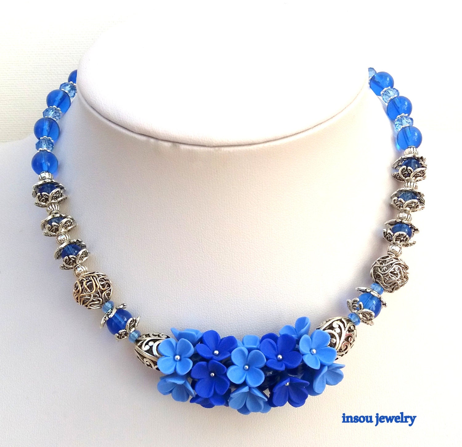 Blue Necklace Blue JewelryFlower NecklaceStatement | Etsy
