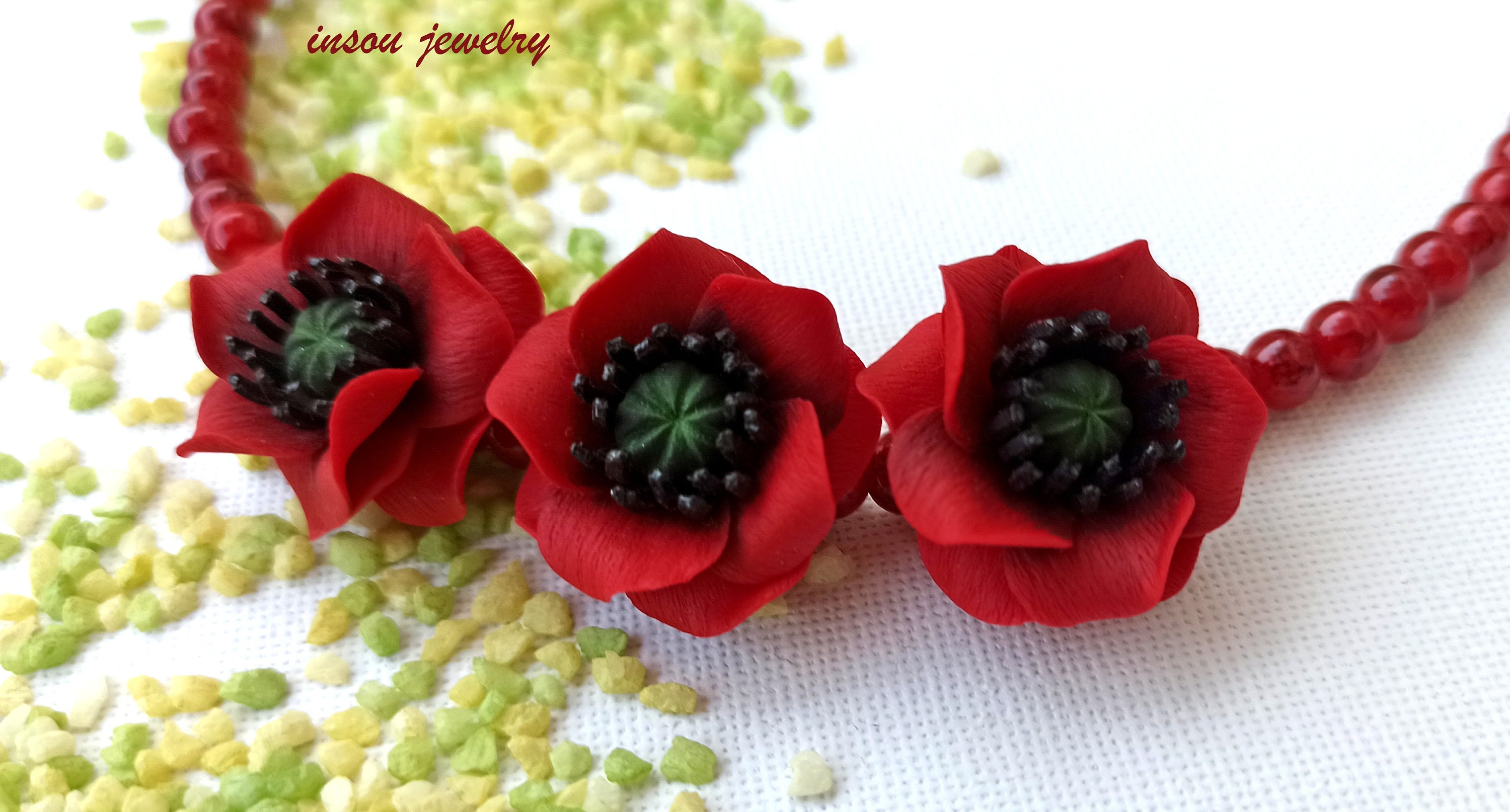 Red Poppy Red Black Poppy Necklace Flower Necklace Statement | Etsy