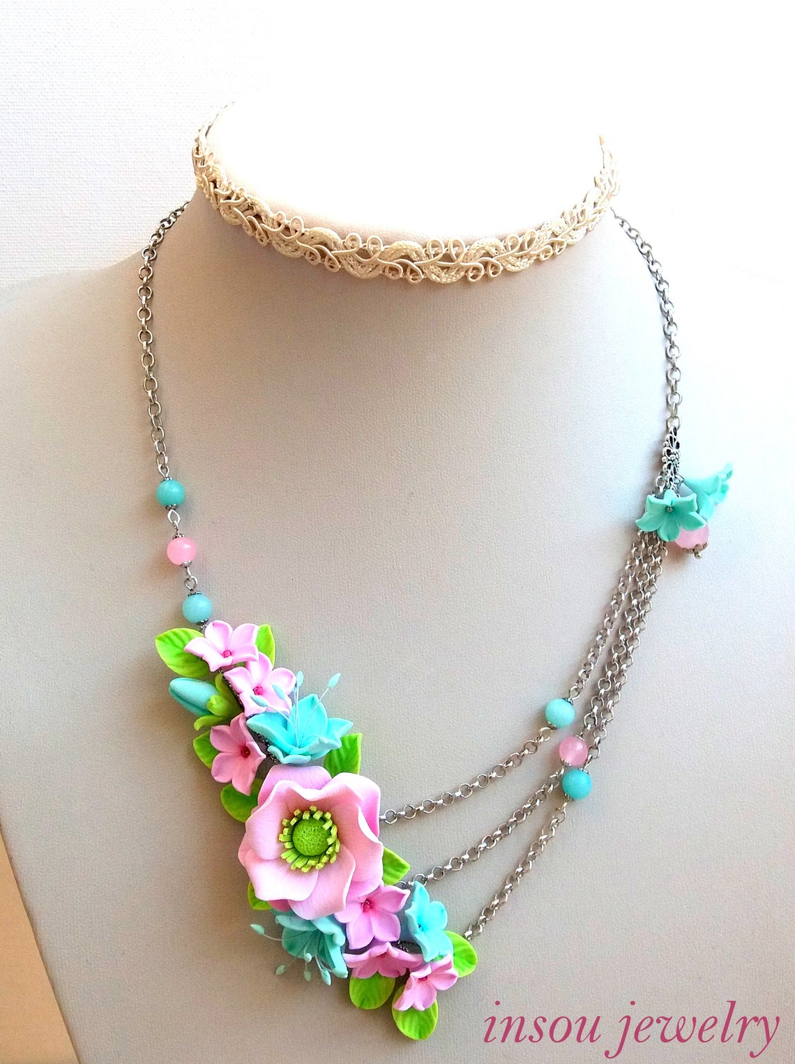Pink Flower Necklace Pastel Necklace Pink Mint Gift for | Etsy