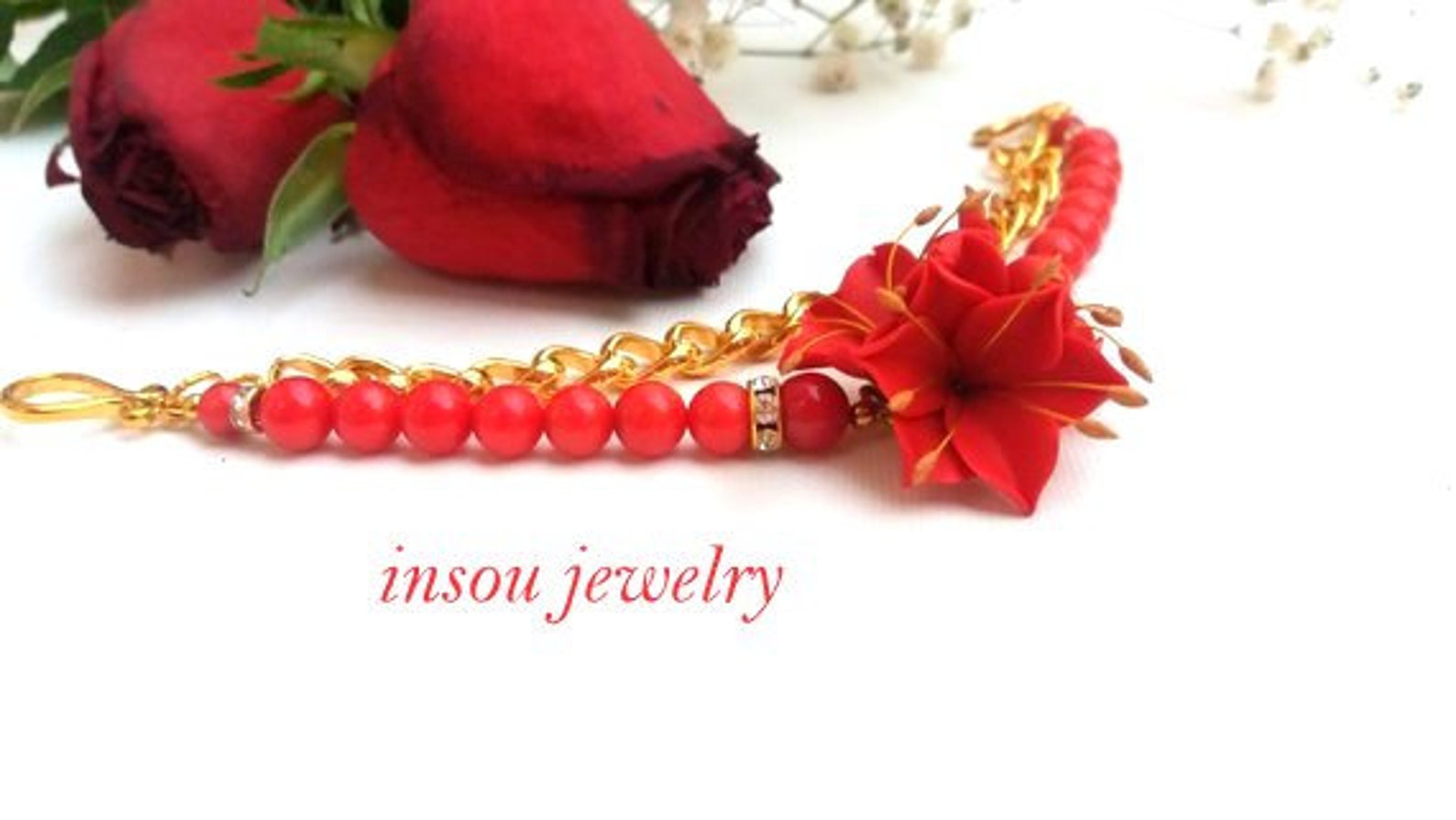 Red Bracelet Charm Bracelet Floral Bracelet Red Gold - Etsy