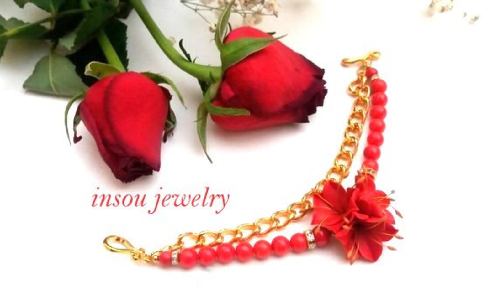 Red Bracelet Charm Bracelet Floral Bracelet Red Gold - Etsy