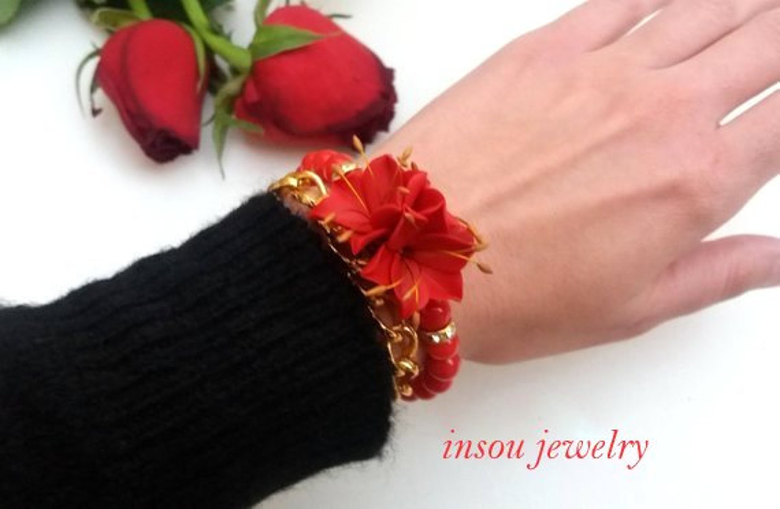 Red Bracelet Charm Bracelet Floral Bracelet Red Gold - Etsy