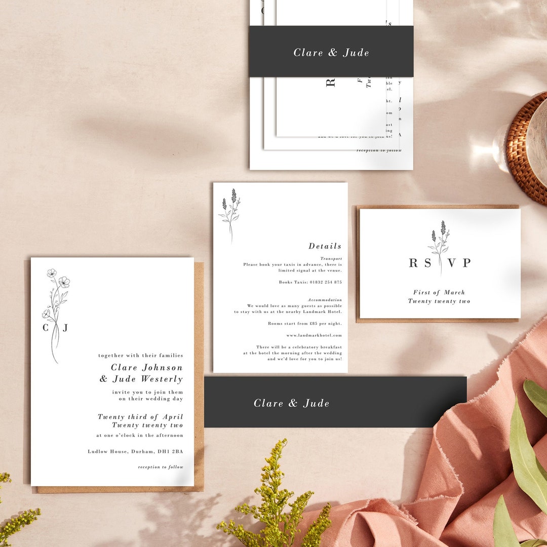 Simple Floral Wedding Invitations – Modern Minimalist Design - Etsy