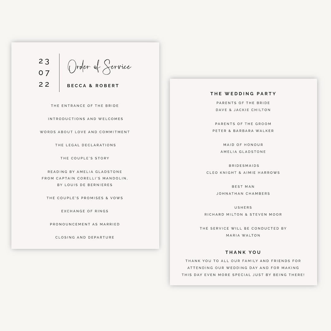 Modern Script Wedding Order of Service Sheet - Etsy