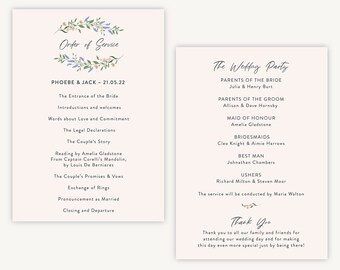 Wildflower Floral Order of Service for Weddings Order of the Day A4 ...