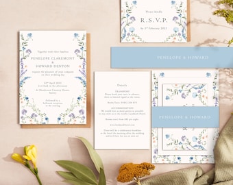 ISLA Blue Wildflower Wedding Invitation Template Boho Editable Floral ...