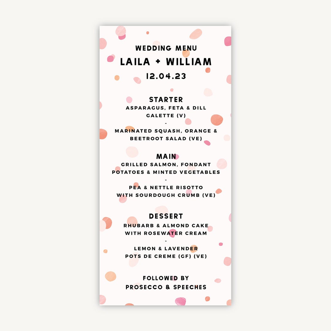 Custom Wedding Menu - Wedding Breakfast Menus - Wedding Menu Design - Bright Pink Confetti - Etsy