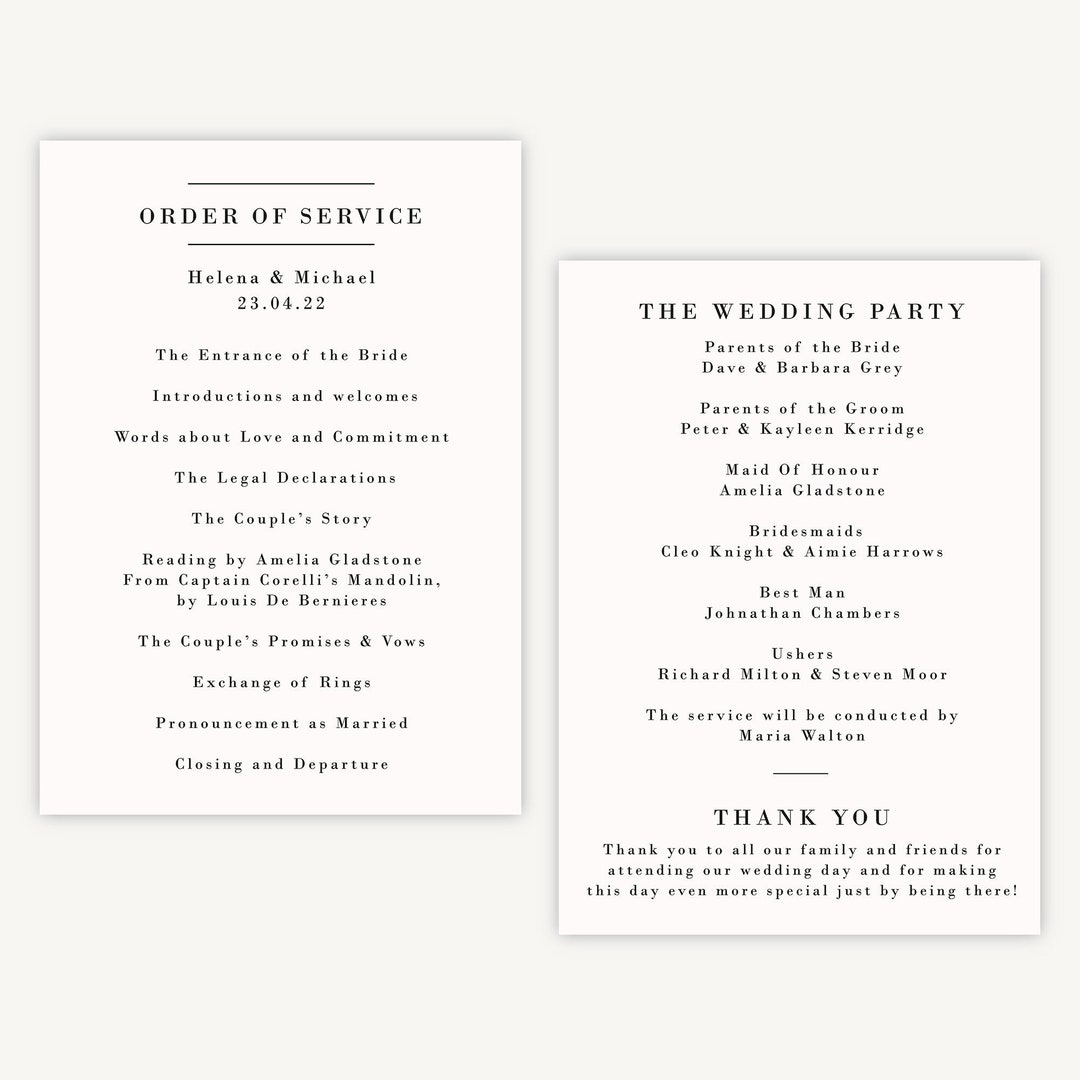 Wedding Order of Service - Wedding Ceremony Order of the Day - Wedding ...