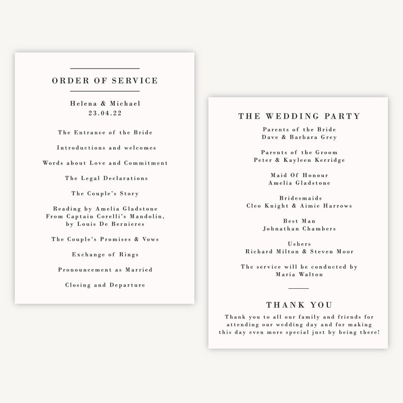 Simple Script Wedding Order of Service Sheet - Custom Ceremony Program ...