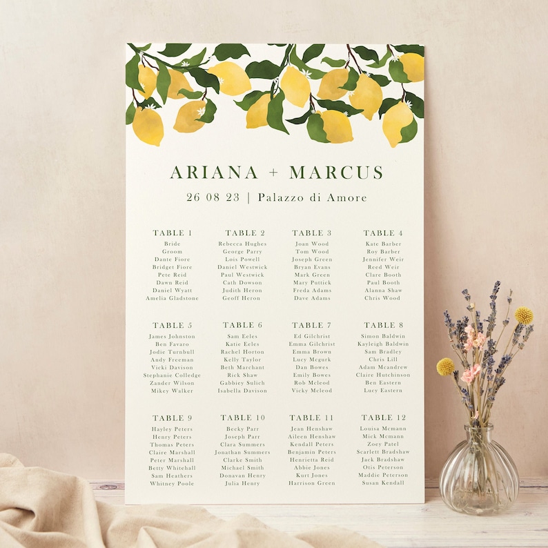 Amalfi Lemons Wedding Table Plan – Personalised Seating Chart - Etsy