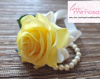 Wrist Corsage Yellow Rose and Navy ribbon corsage Yellow | Etsy