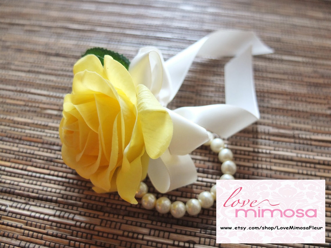 Wrist Corsage Yellow Rose With Ivory Ribbon Pearl Bracelet - Etsy Hong Kong
