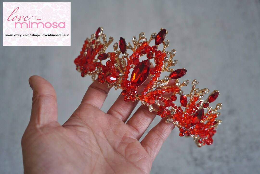 Red Bridal Tiara, Red Wedding Crown, Bridal Crown, Gold Tiara, Crystal ...