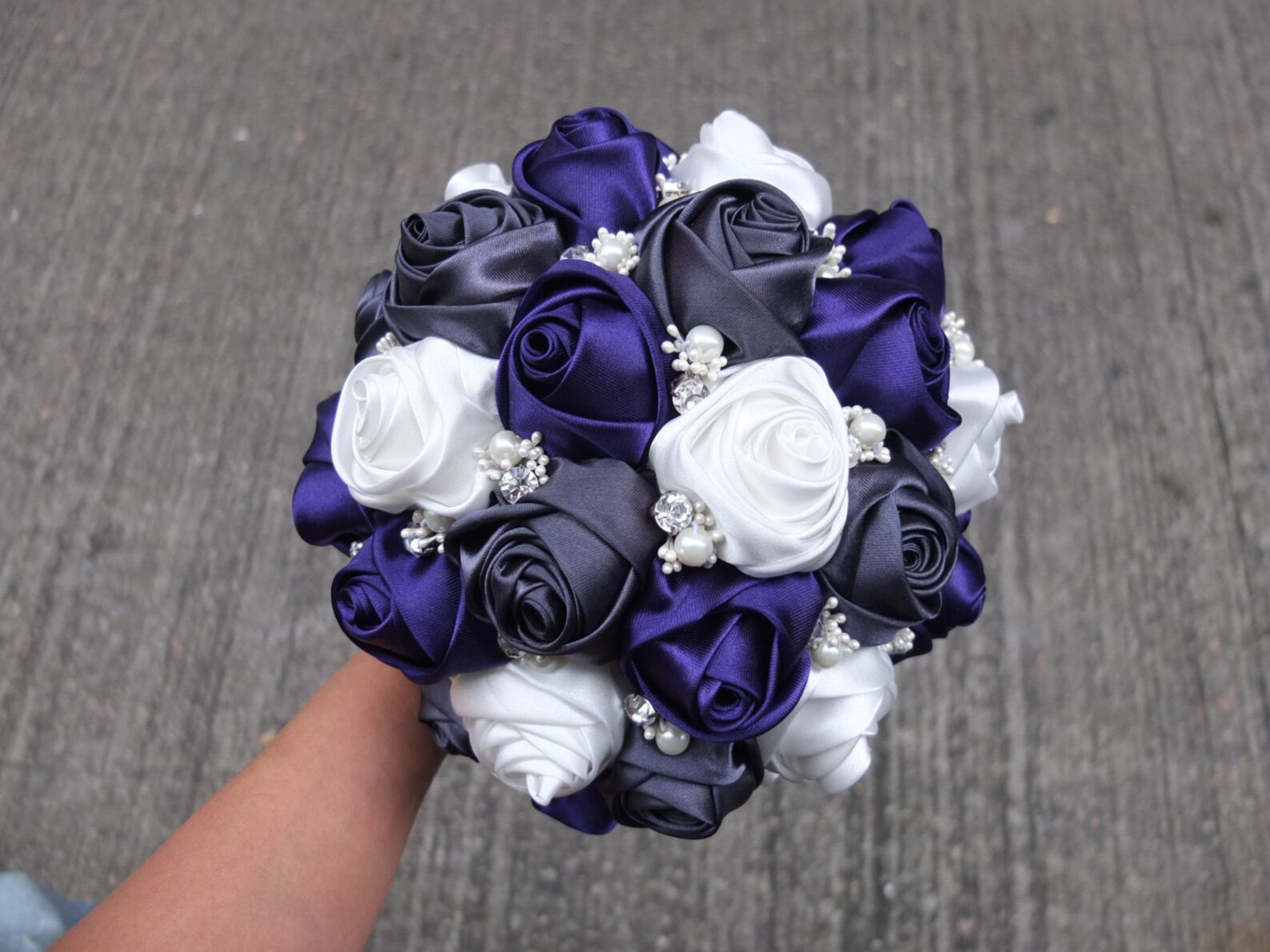 Handmade Satin Rose Bouquet Purple Dark Gray and White Satin - Etsy