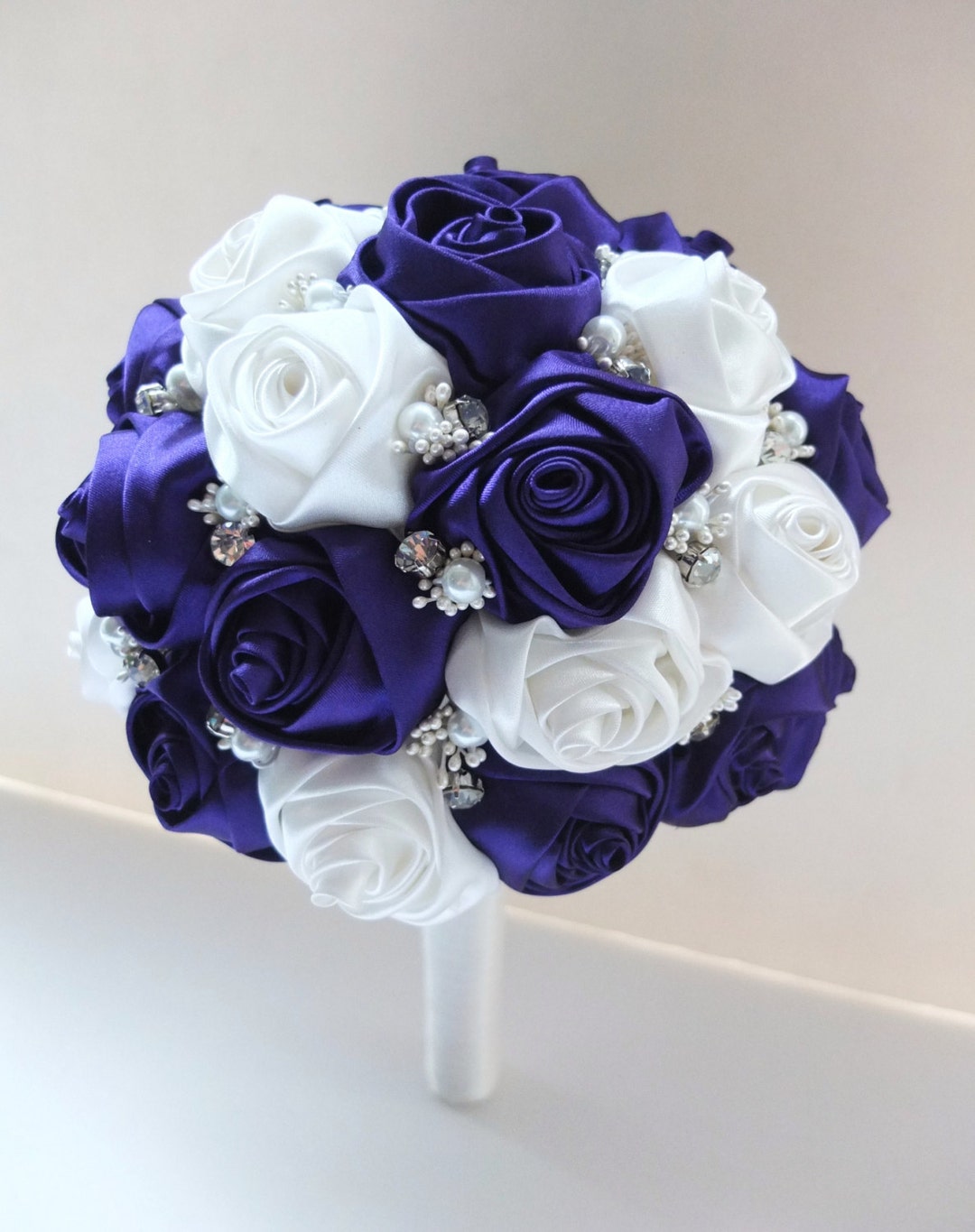 Satin Rose Bouquet, Purple & White Satin Rose Bouquet, Accented With ...