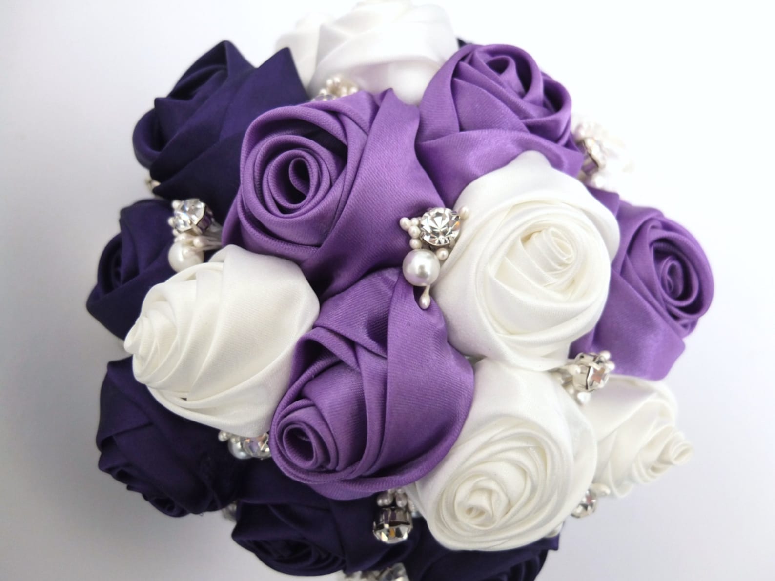 Handmade Satin Rose Bouquet Purple & Ivory Flower Accented - Etsy