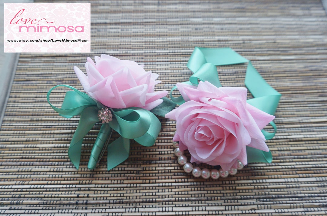 Wrist Corsage Soft Pink Rose With Mint Ribbon Pearl - Etsy