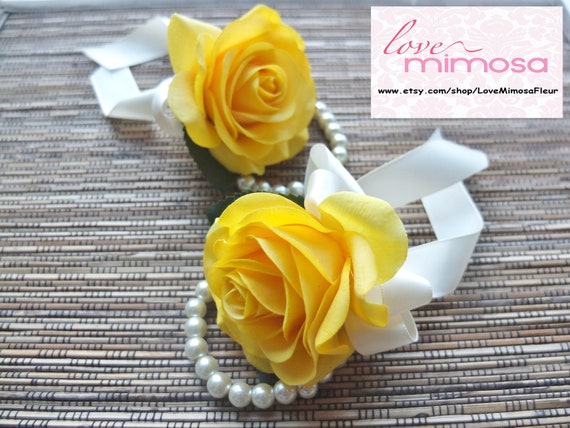 Wrist Corsage Yellow Rose With Ivory Ribbon Pearl Bracelet | Etsy Hong Kong