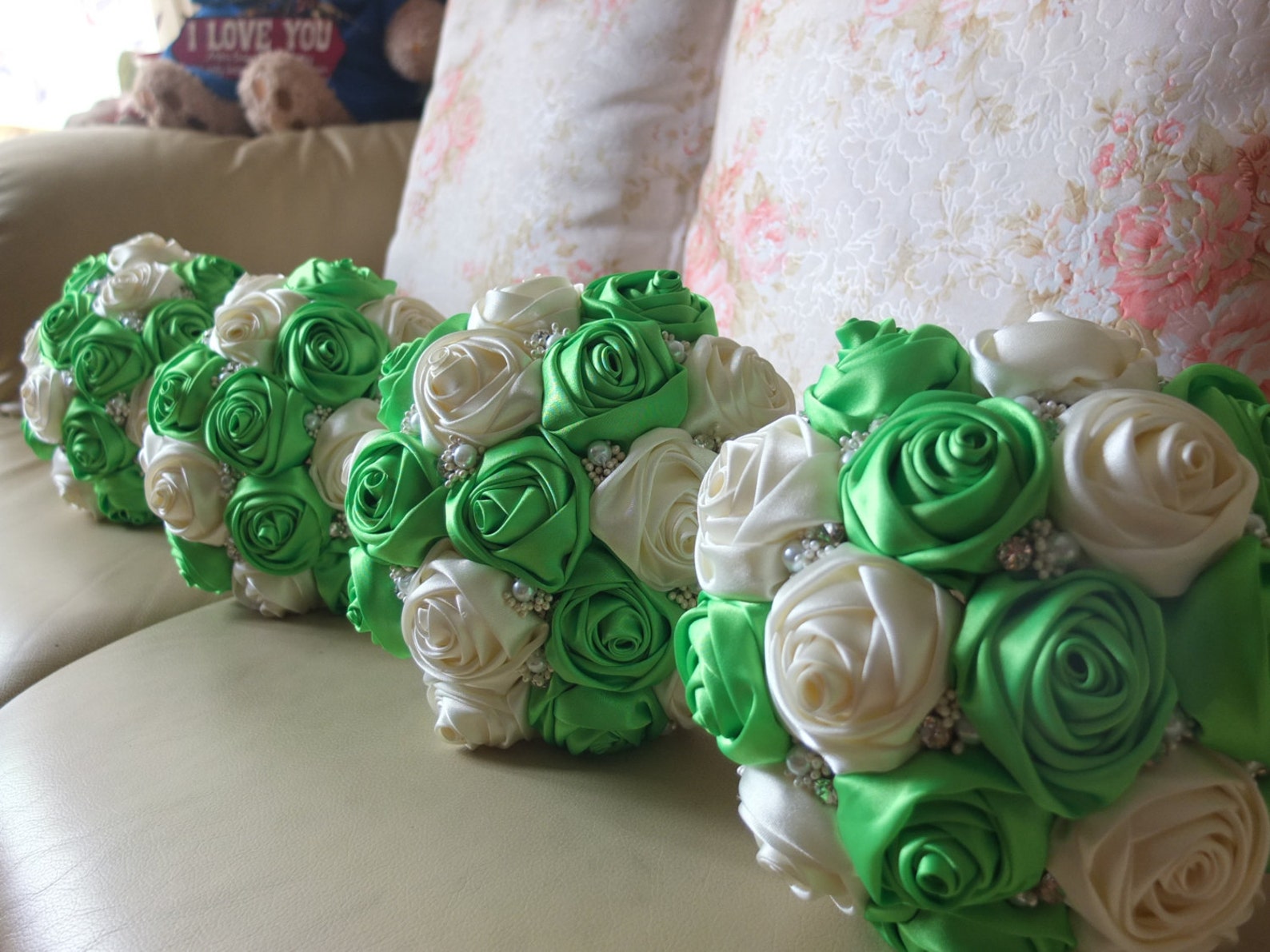 Satin Rose Bouquet, Ribbon Rose Bouquet, White & Green Fabric Rose ...