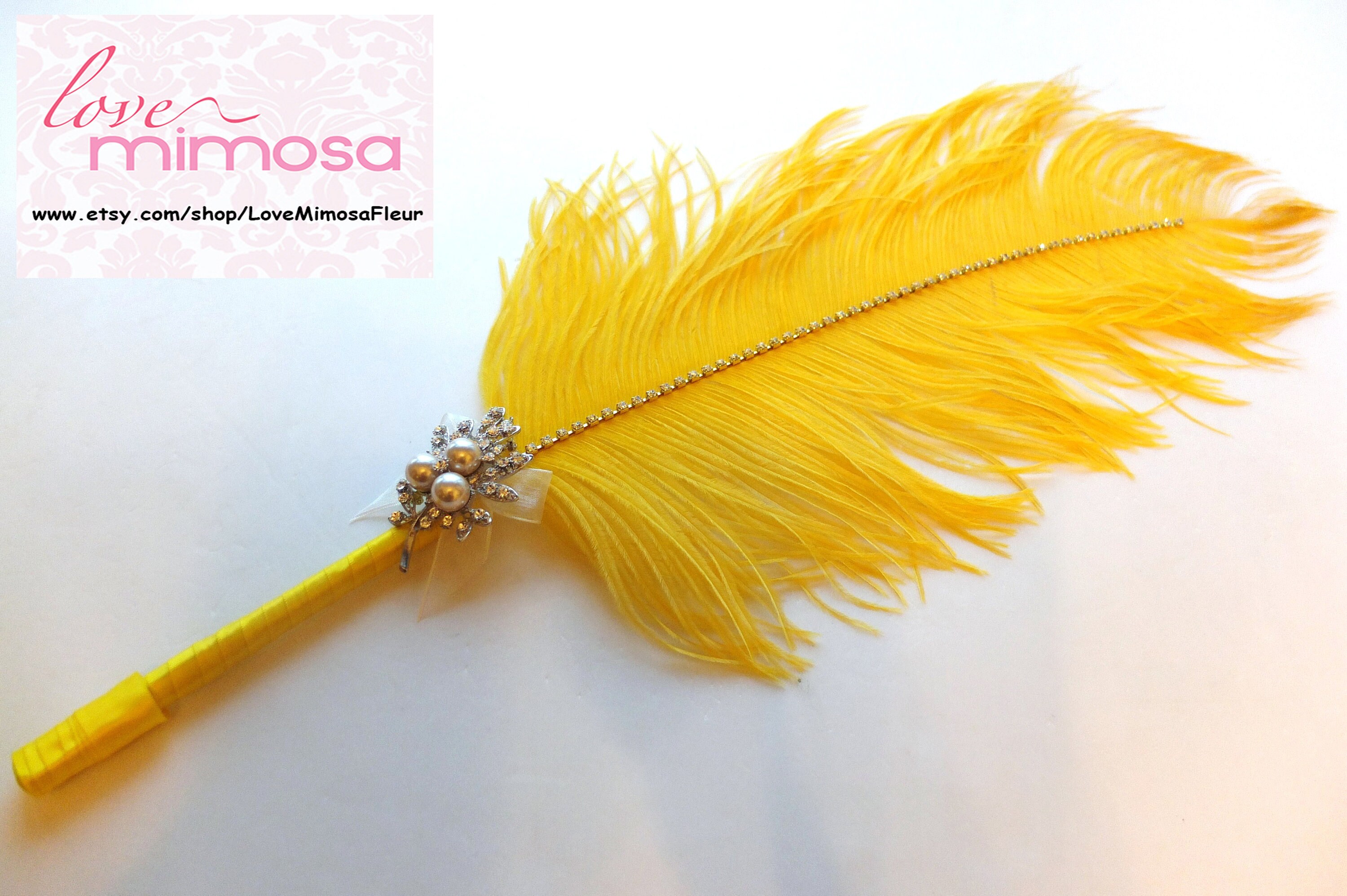 Large Yellow Feather Pen with Gold Pearl Brooch / Yellow | Etsy