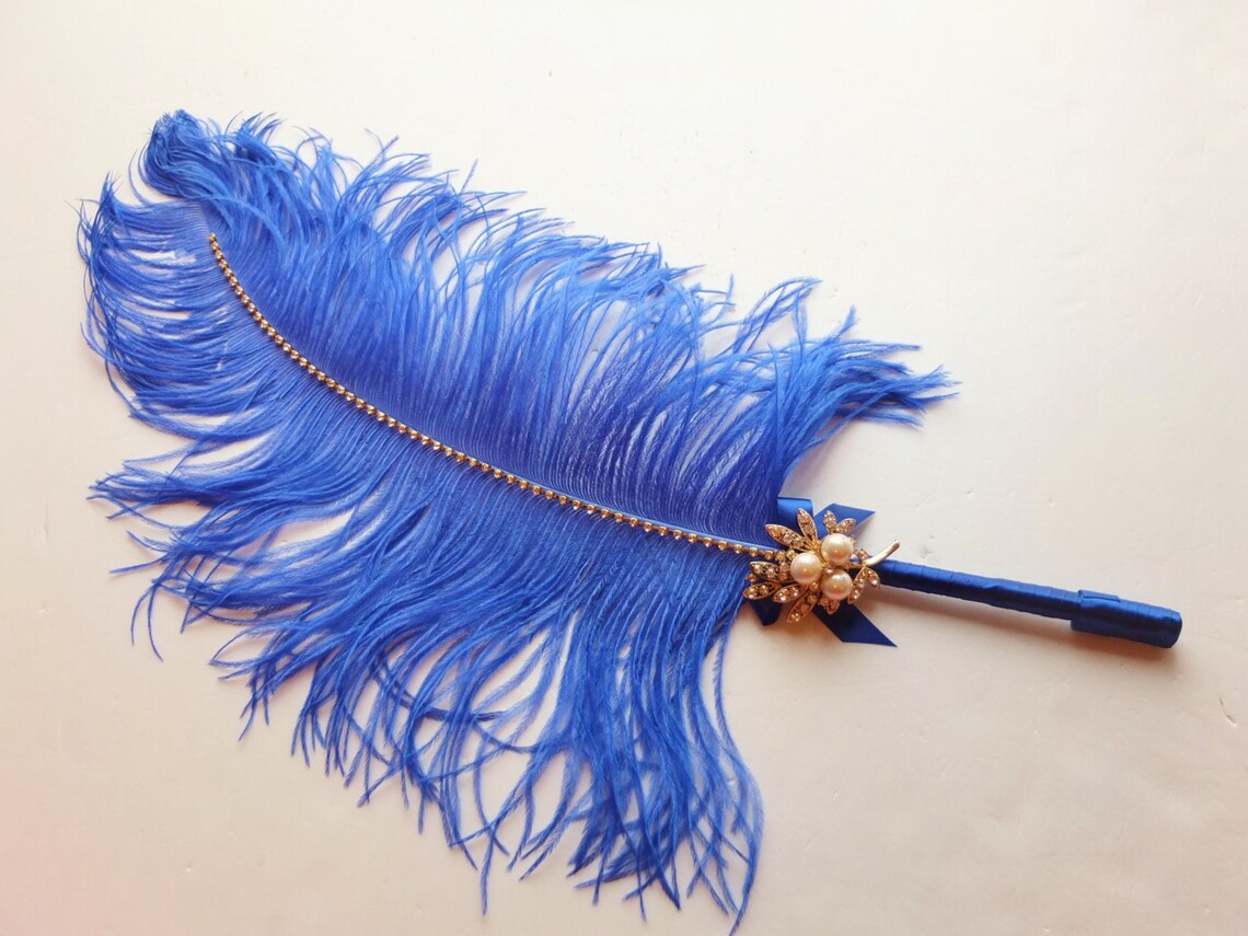 Large Elegant Royal Blue Feather Pen With Gold Pearl Brooch / - Etsy