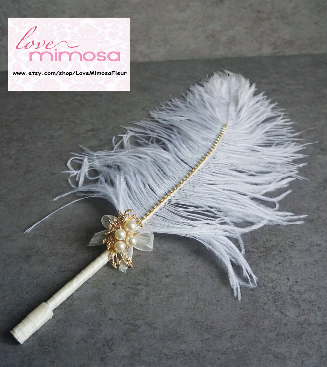 Large Feather Pen With Gold Pearl Brooch / Ivory Feather Pen/ Wedding ...
