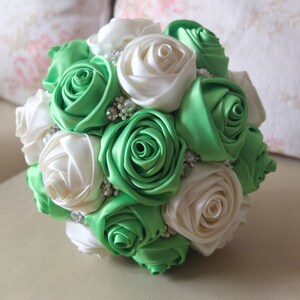 Satin Rose Bouquet, Ribbon Rose Bouquet, White & Green Fabric Rose ...