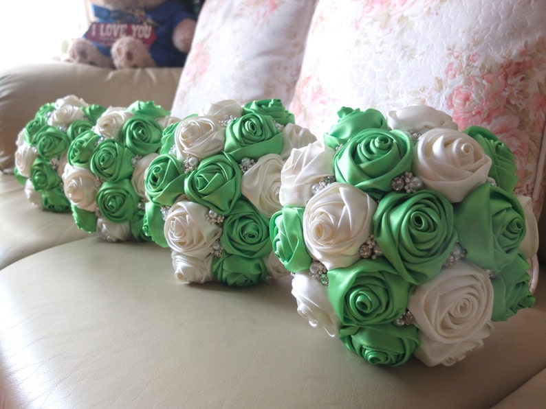 Satin Rose Bouquet Ribbon Rose Bouquet White & Green Fabric | Etsy