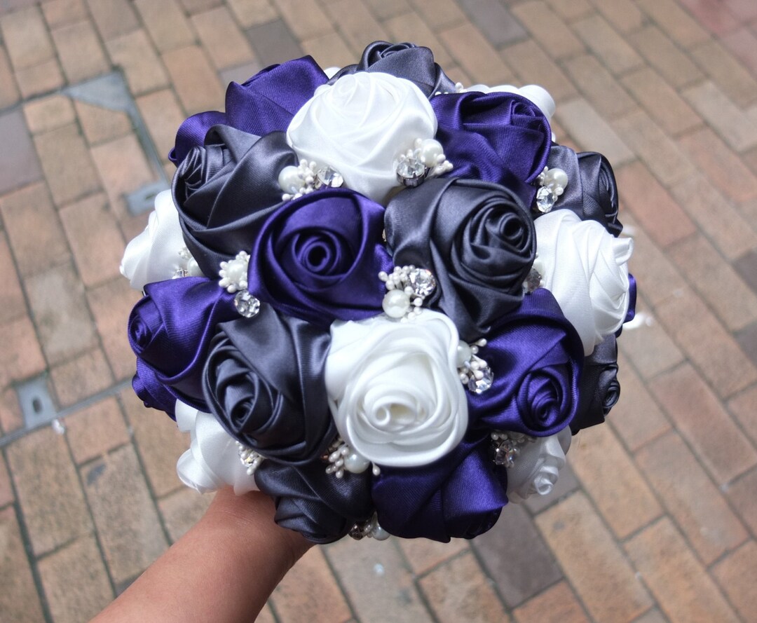 Handmade Satin Rose Bouquet, Purple, Dark Gray and White Satin Rose ...