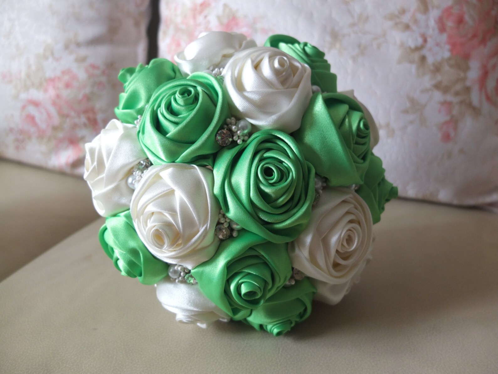Satin Rose Bouquet, Ribbon Rose Bouquet, White & Green Fabric Rose ...