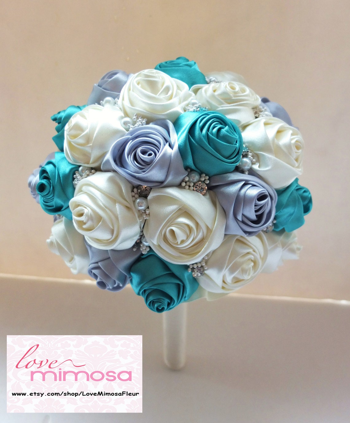 Turquoise Bouquet Satin Rose Bouquet Ribbon Rose Bouquet | Etsy
