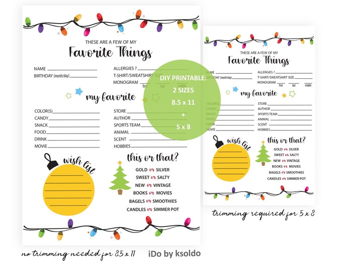 My Favorite Things Questionnaire Christmas Wish List Gift Exchange Form ...