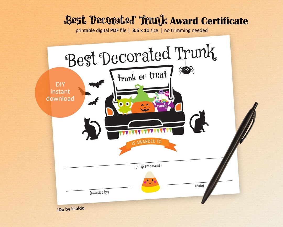 Best Decorated Trunk Award Certificate - Trunk or Treat - Best ...