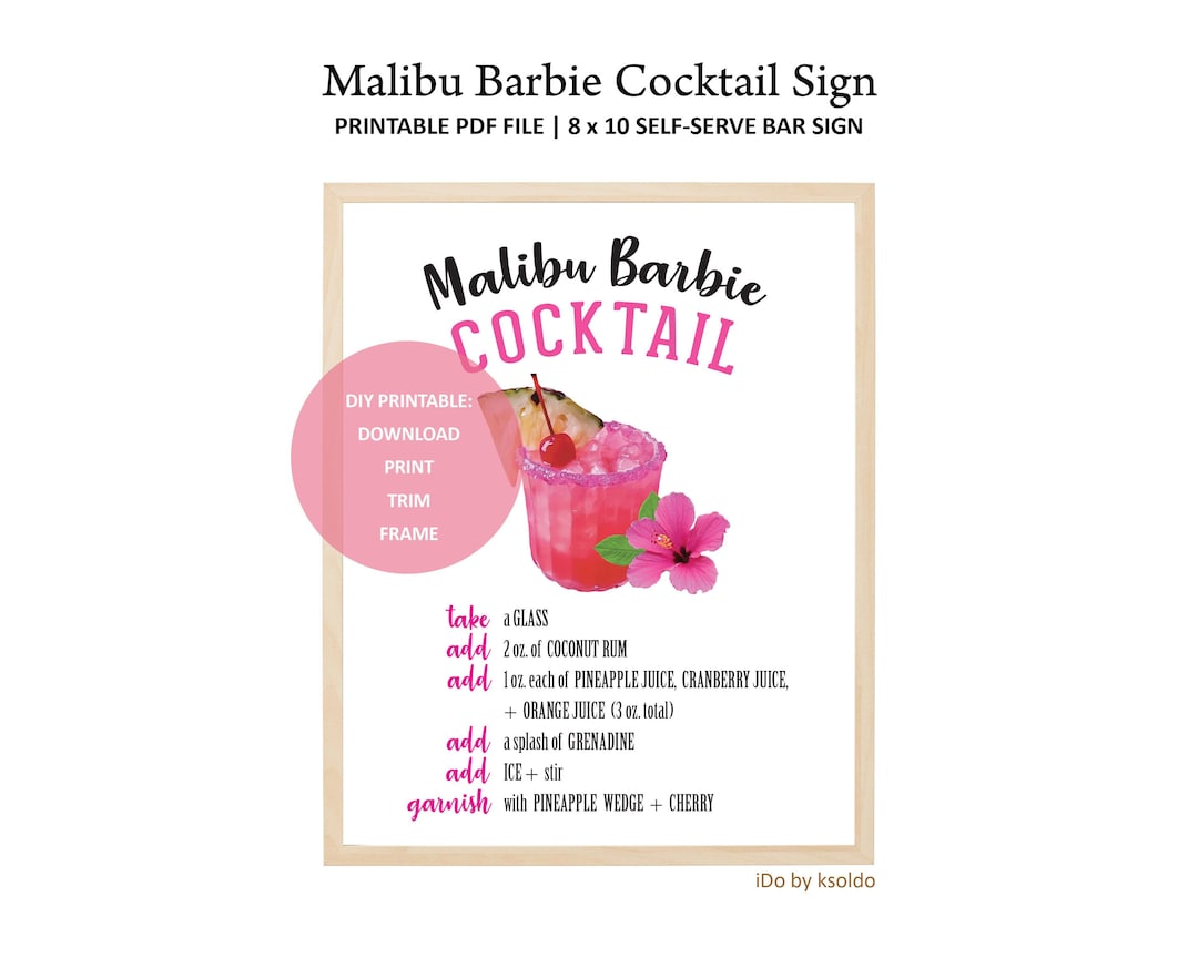 Pink Cocktail Self-serve Bar Sign Pink Cocktail Recipe Barb Cocktail ...