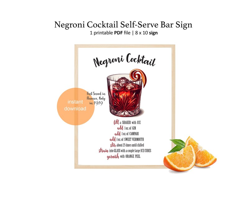 Negroni Self Serve Bar Sign - Negroni Drink Recipe - Negroni Cocktail ...