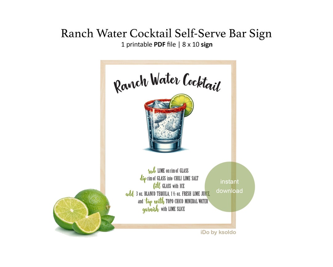 RANCH WATER Cocktail Self Serve Bar Sign -ranch Water Drink Recipe ...