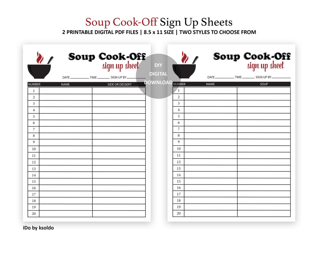 SOUP COOK OFF Sign up Sheets - Soup Cook off Sign up - Soup Cook-off ...