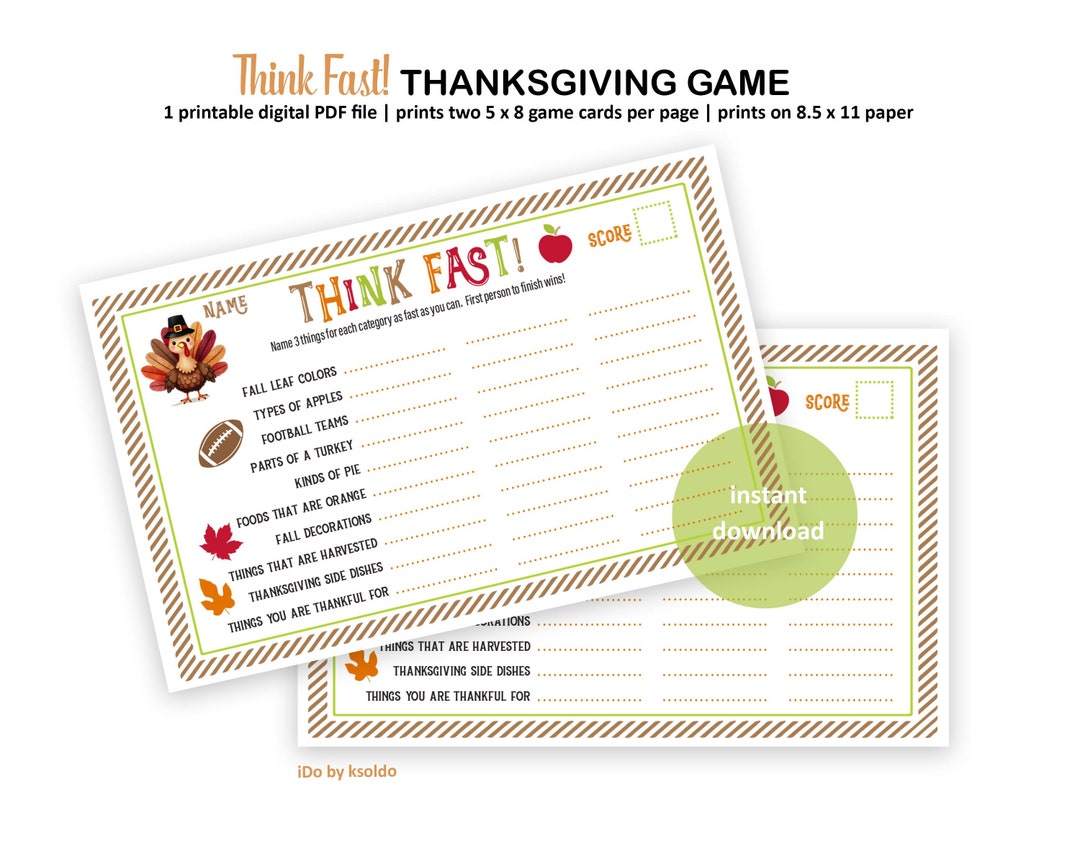 THINK FAST! Thanksgiving Game - Thanksgiving Think Fast - Thanksgiving ...