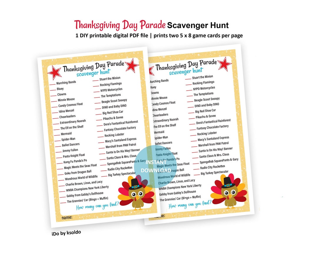 THANKSGIVING DAY PARADE Scavenger Hunt - Scavenger Hunt for Kids ...
