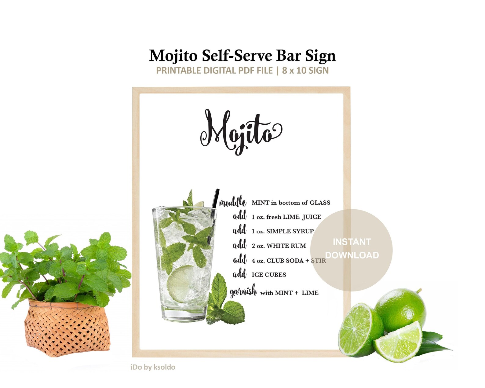 Printable Mojito Self Serve Bar Sign - Mojito Drink Recipe - Mojito ...